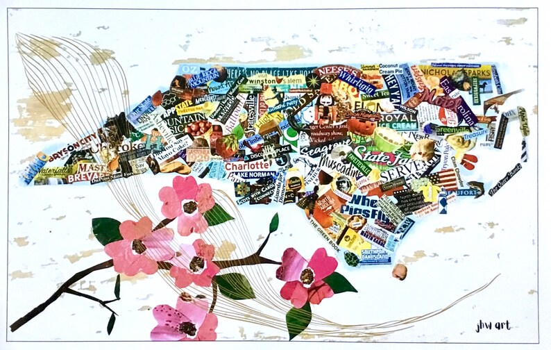 North Carolina Map Collage, Unique NC Map, NC Collage, Pictorial Map ...