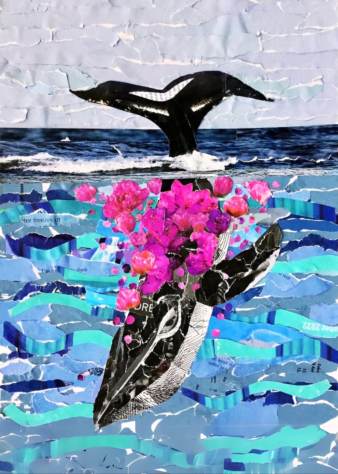 Whimsical Whale Collage, Ocean Lover Gift, Sea Life Collage, Ocean ...