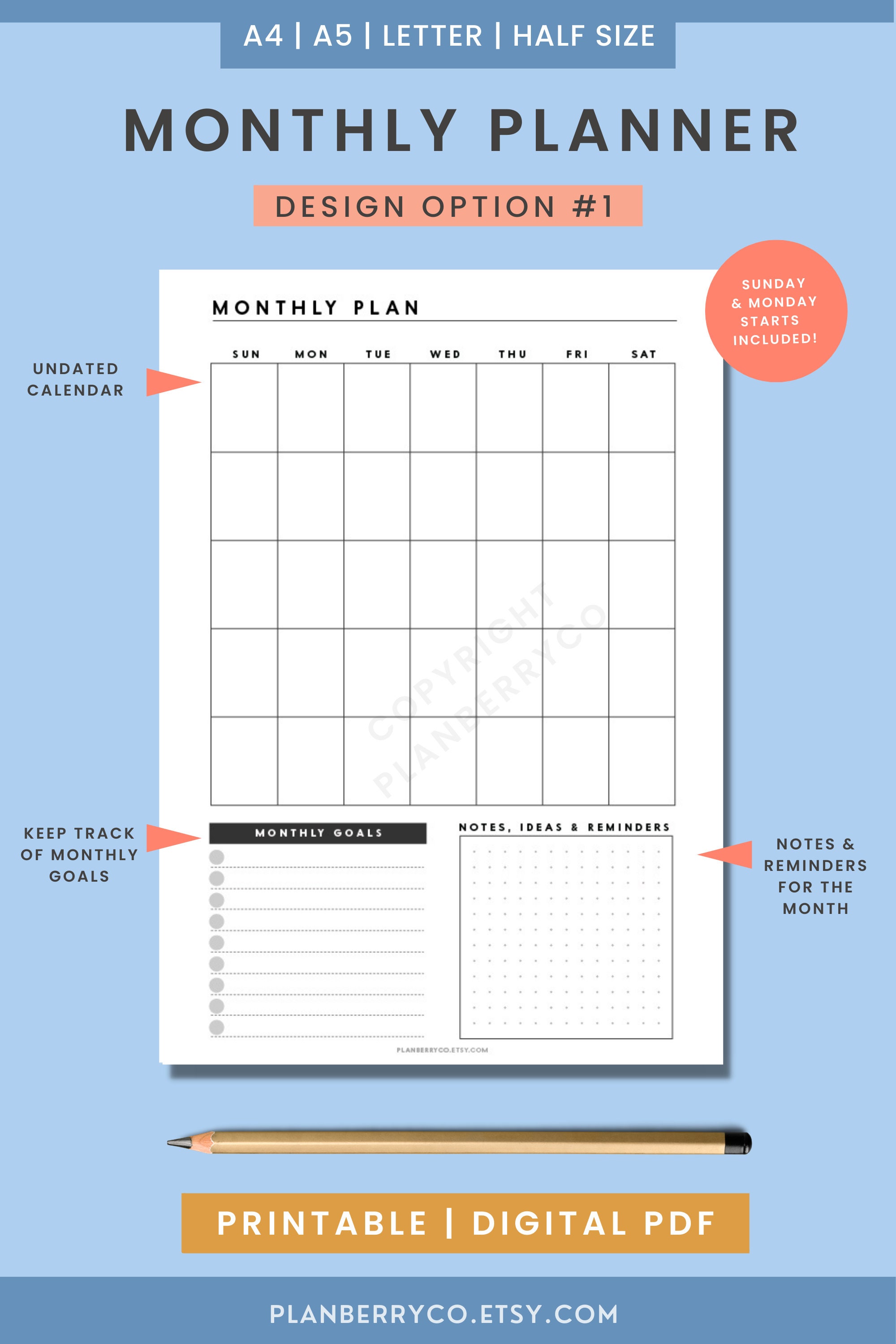 Monthly to Do List Printable Planner, Simple Blank Calendar, Horizontal ...