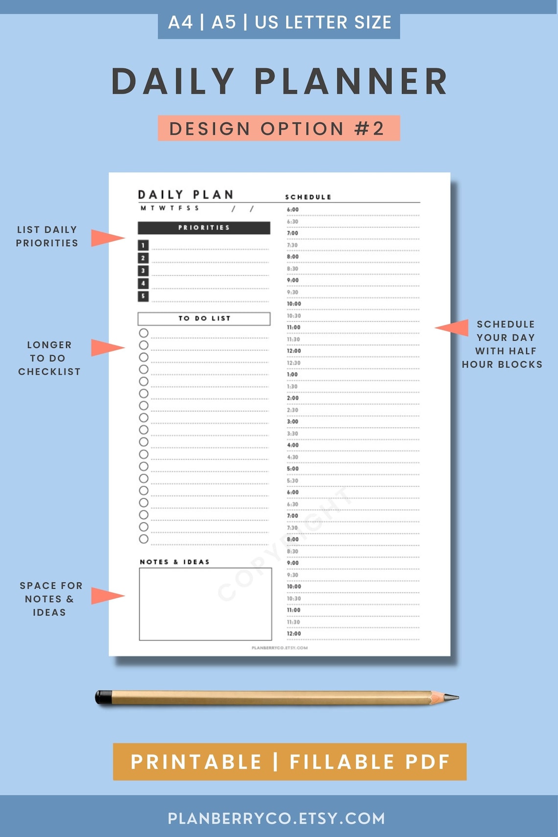Daily Planner Printable, Half Hour Daily Planner, Productivity Planner ...