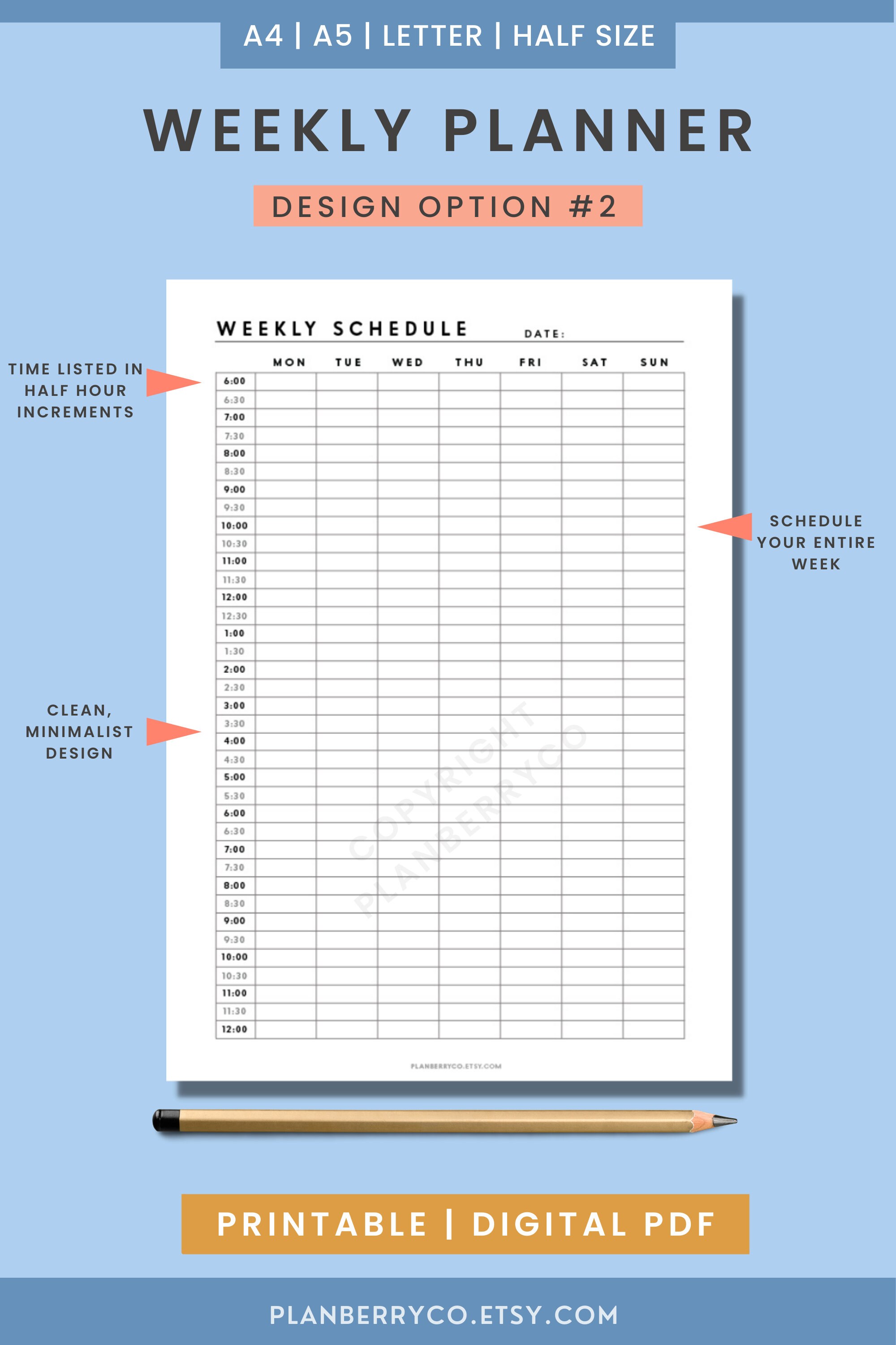 Weekly Planner Printable, Half Hour Week Planner, Productivity Planner ...
