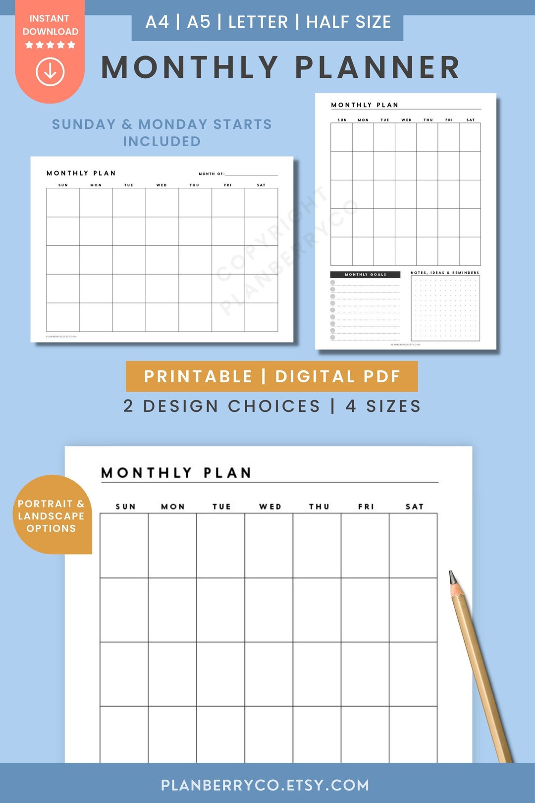 Monthly to Do List Printable Planner, Simple Blank Calendar, Horizontal ...