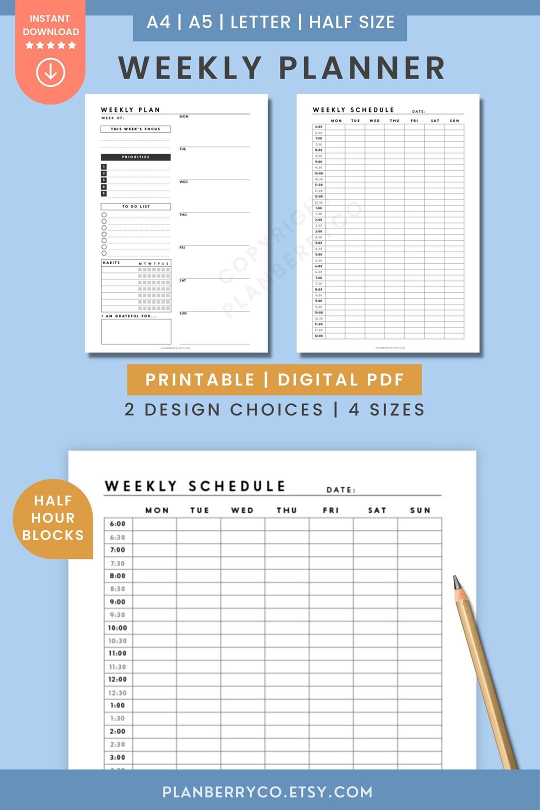 Weekly Planner Printable, Half Hour Week Planner, Productivity Planner ...