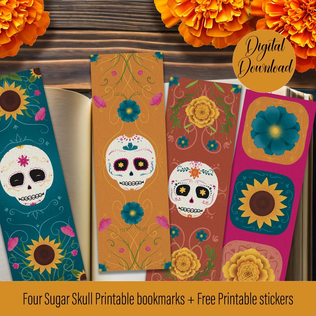 Printable Digital Floral Sugar Skull Bookmarks for Halloween and Dia De ...