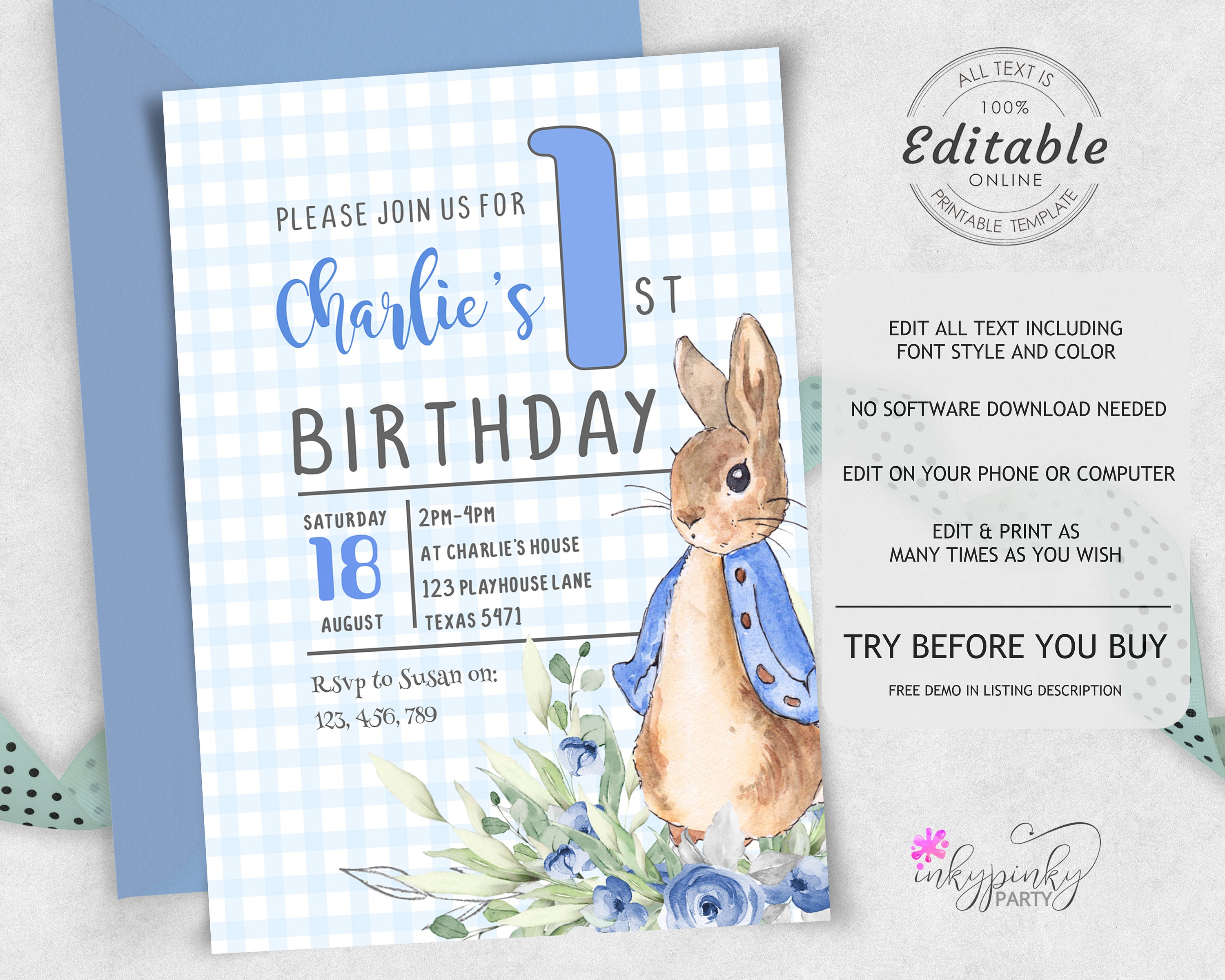 Peter Rabbit Themed Birthday Invitation Blue. EDITABLE First Birthday ...