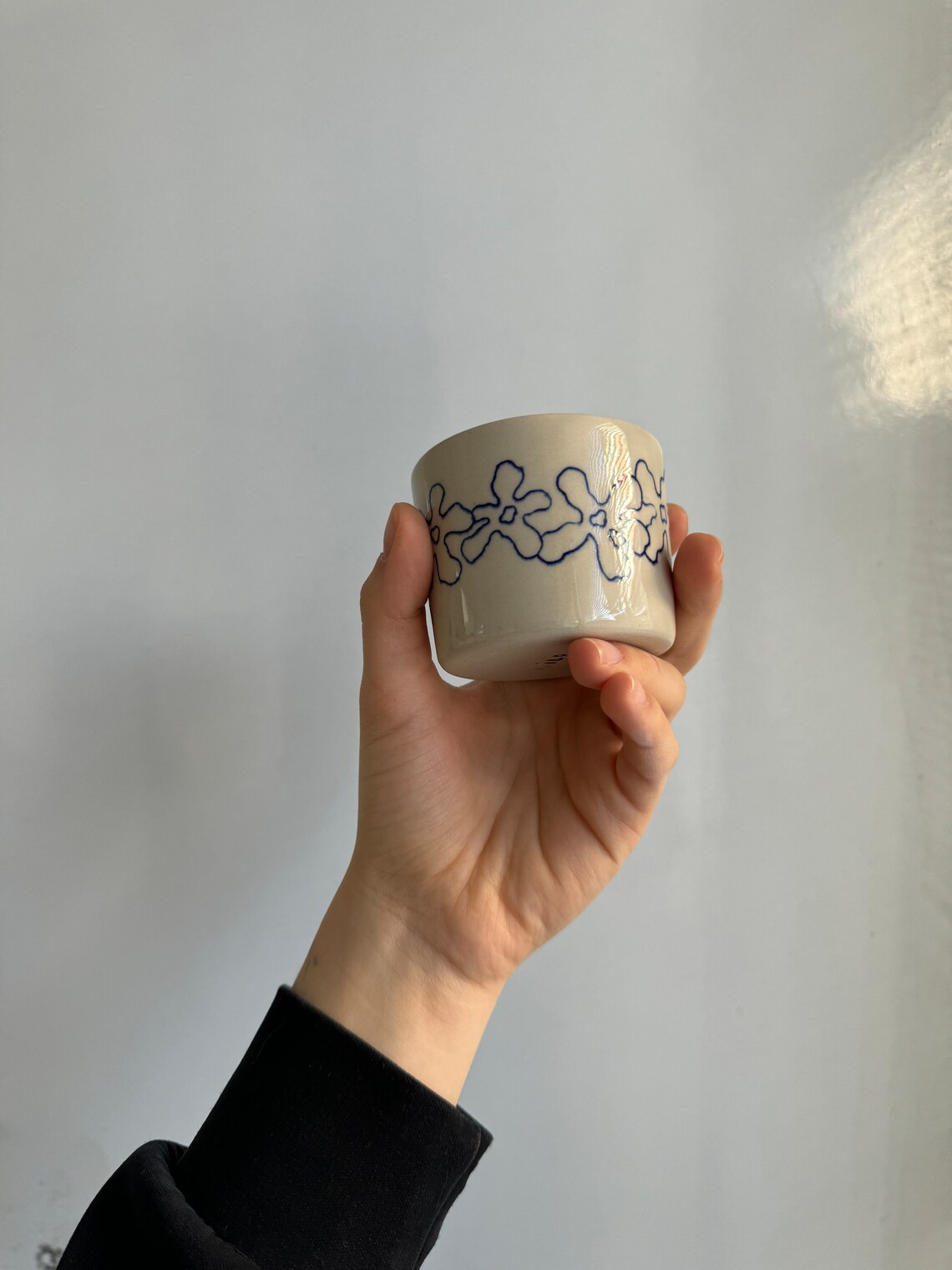 Handmade Beige Stoneware Coffee Cup With Blue Wiggly Flowers 150 Ml 5 ...