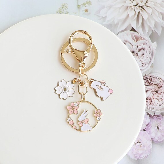 Japanese Sakura Style Bunny Keychain Flower Floral Design | Etsy