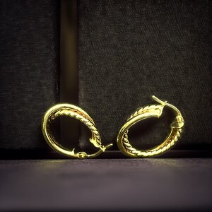 14k Gold Double Row Earrings, Twisted & Plain Round Earrings, Dangle Hoop Earrings, Rope Circle ...