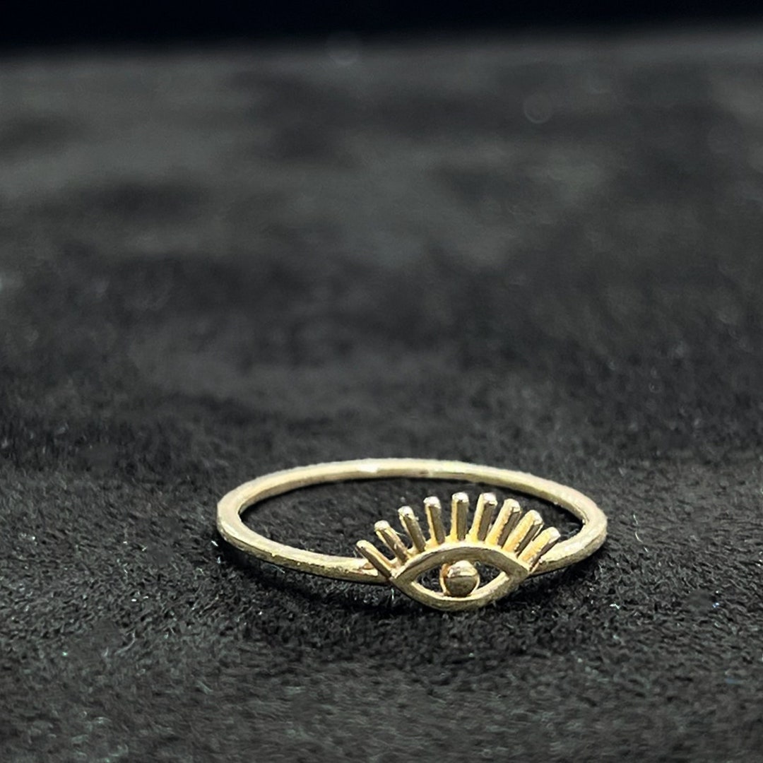 14K Gold Dainty Eyelash Ring, Real Gold Evil Eye Ring, Unique Evil Eye ...