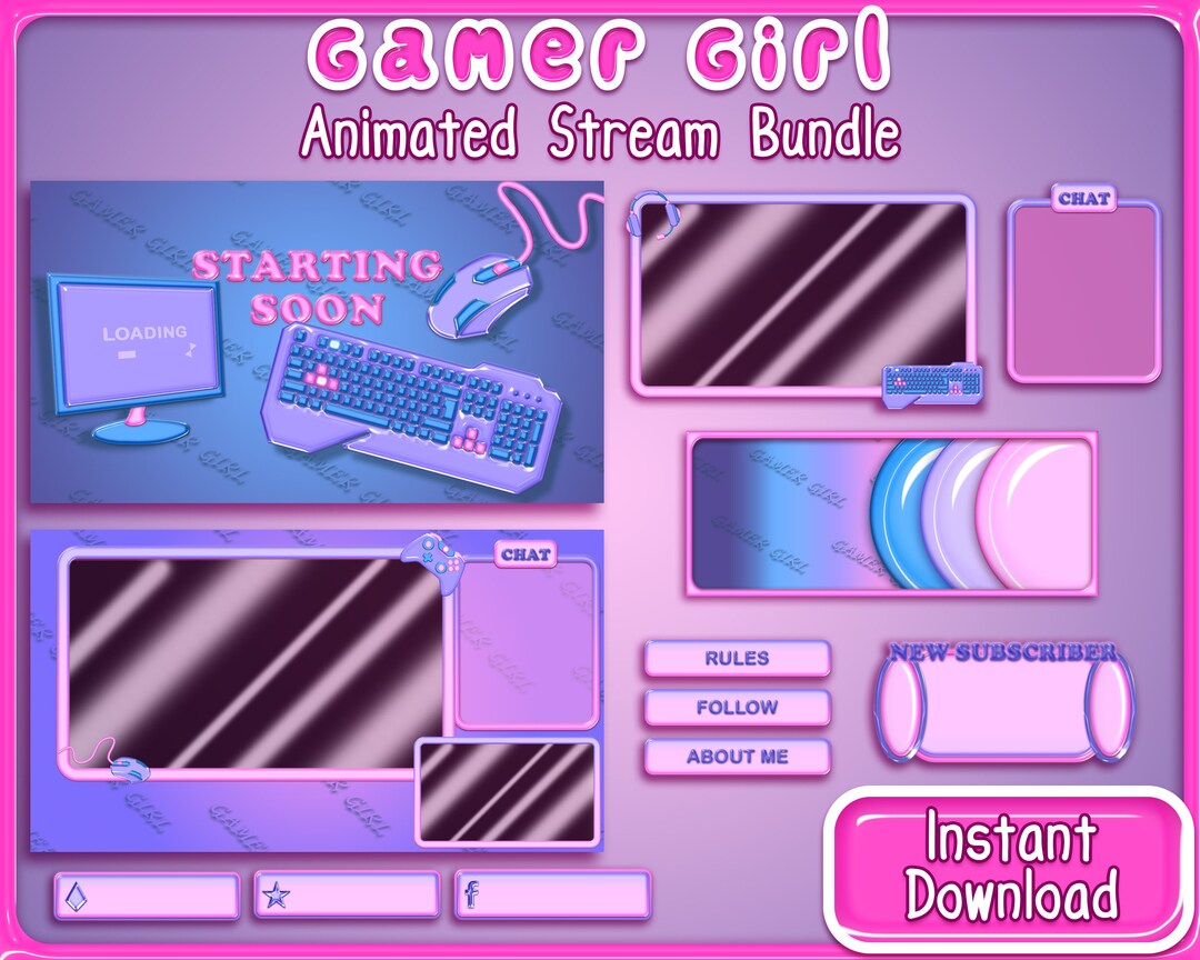 Full Animated Pink Streaming Package, Gamer Girl, Animated Twitch ...