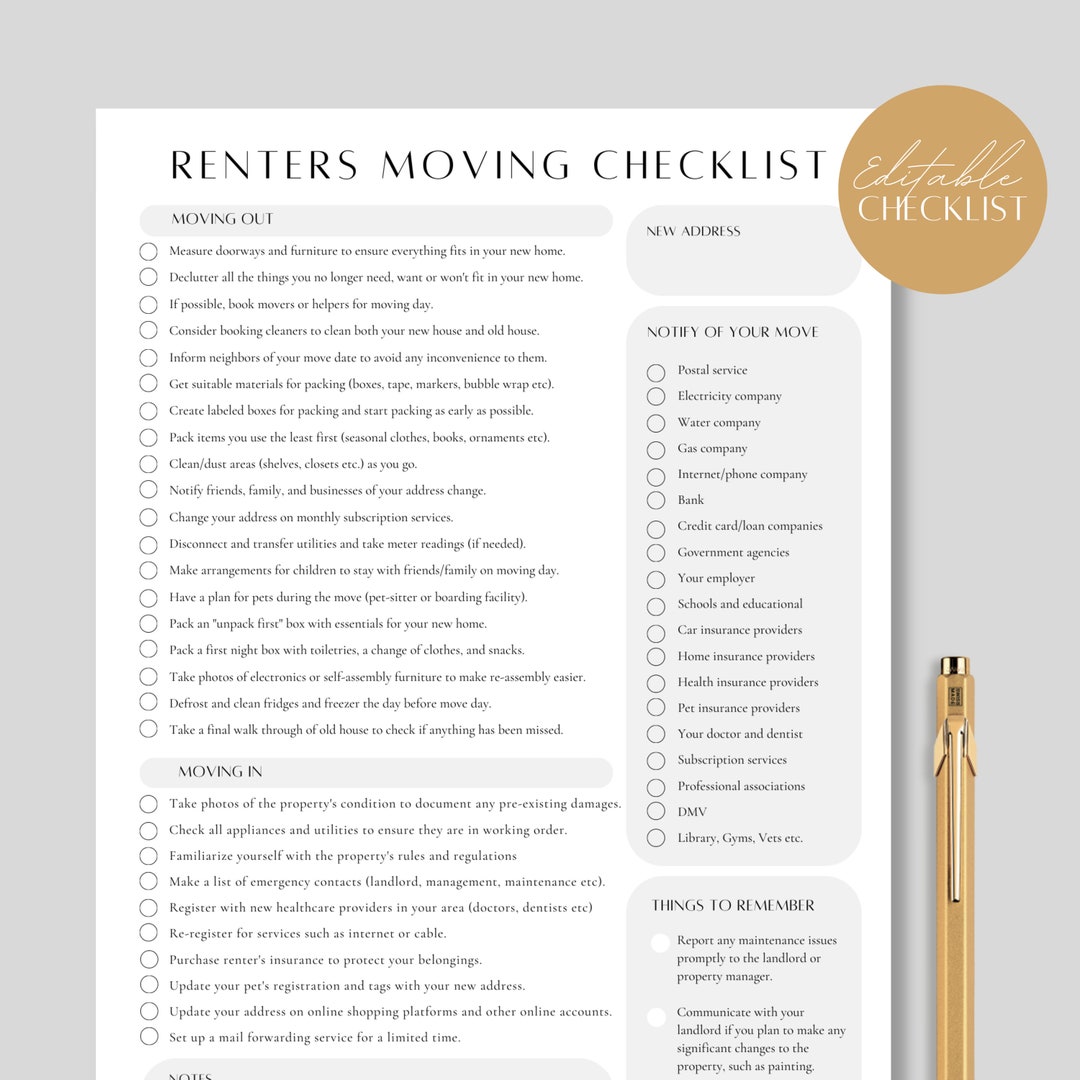 Editable Renters Moving Checklist - Etsy