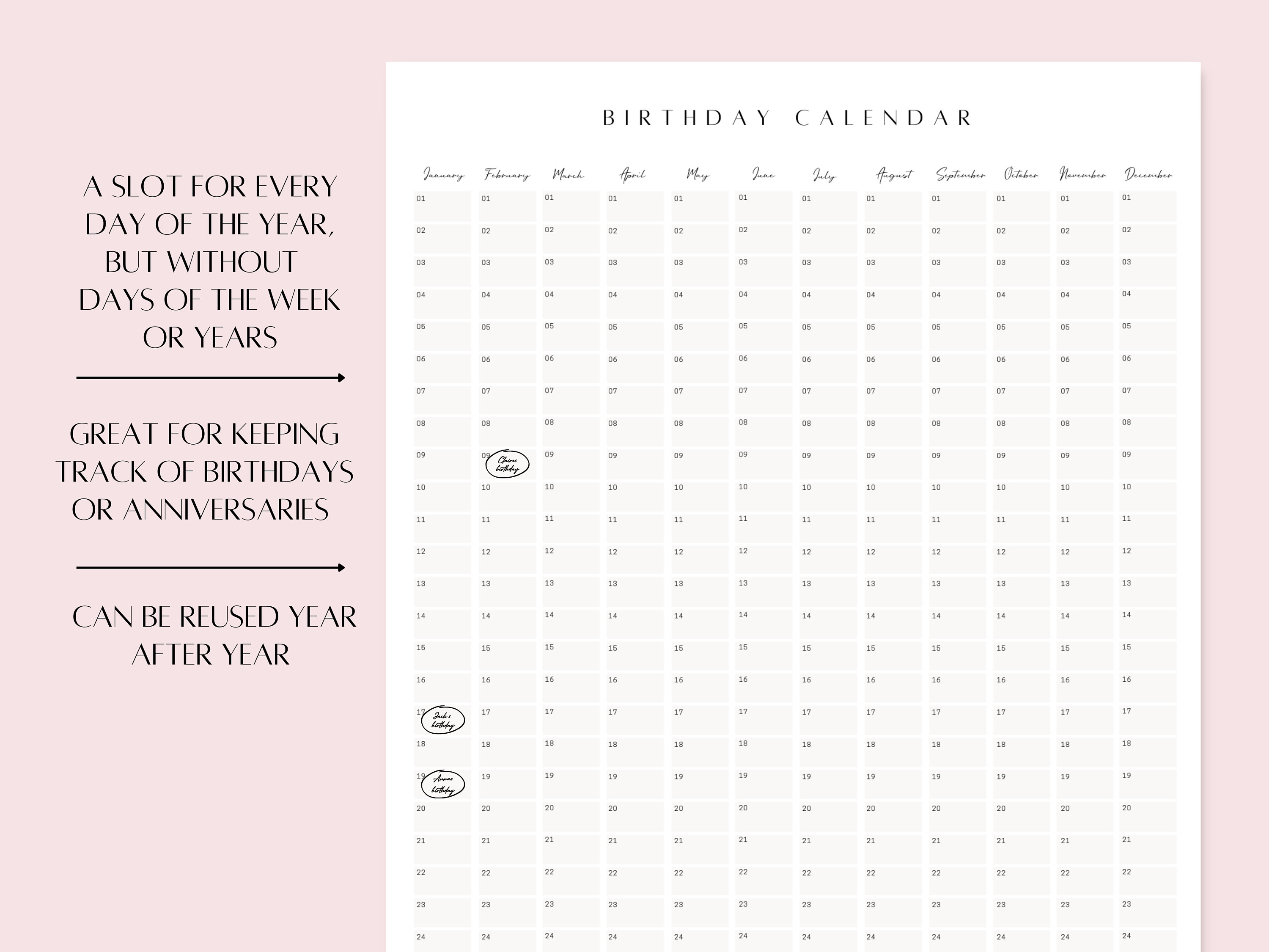 Birthday Calendar Birthday Tracker Printable Birthday List - Etsy