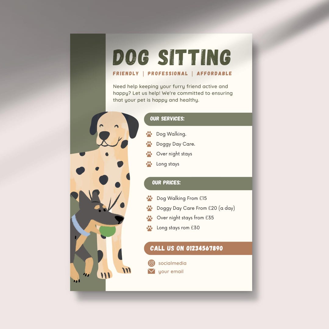 Dog Sitting Flyer: Pet Care Leaflet Template (A5) (canva Editable) (PDF ...