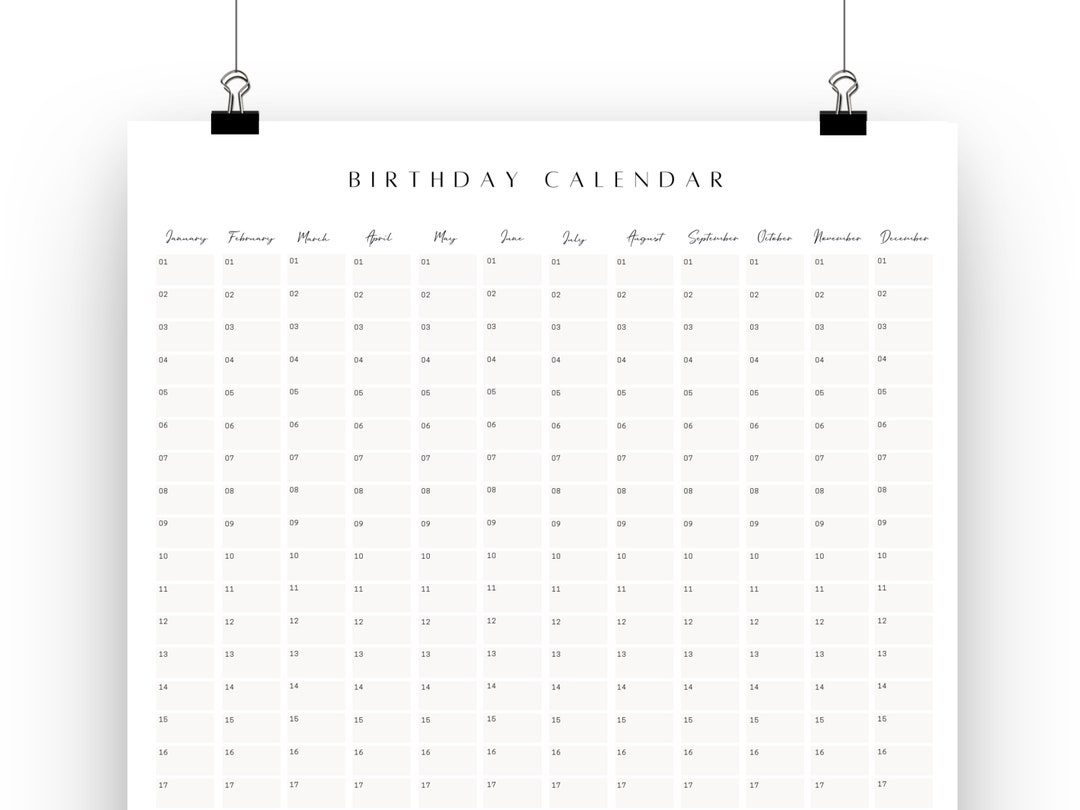 Birthday Calendar Birthday Tracker Printable Birthday List - Etsy