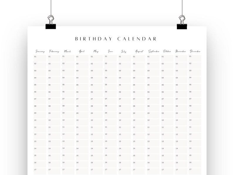Birthday Calendar Birthday Tracker Printable Birthday List - Etsy