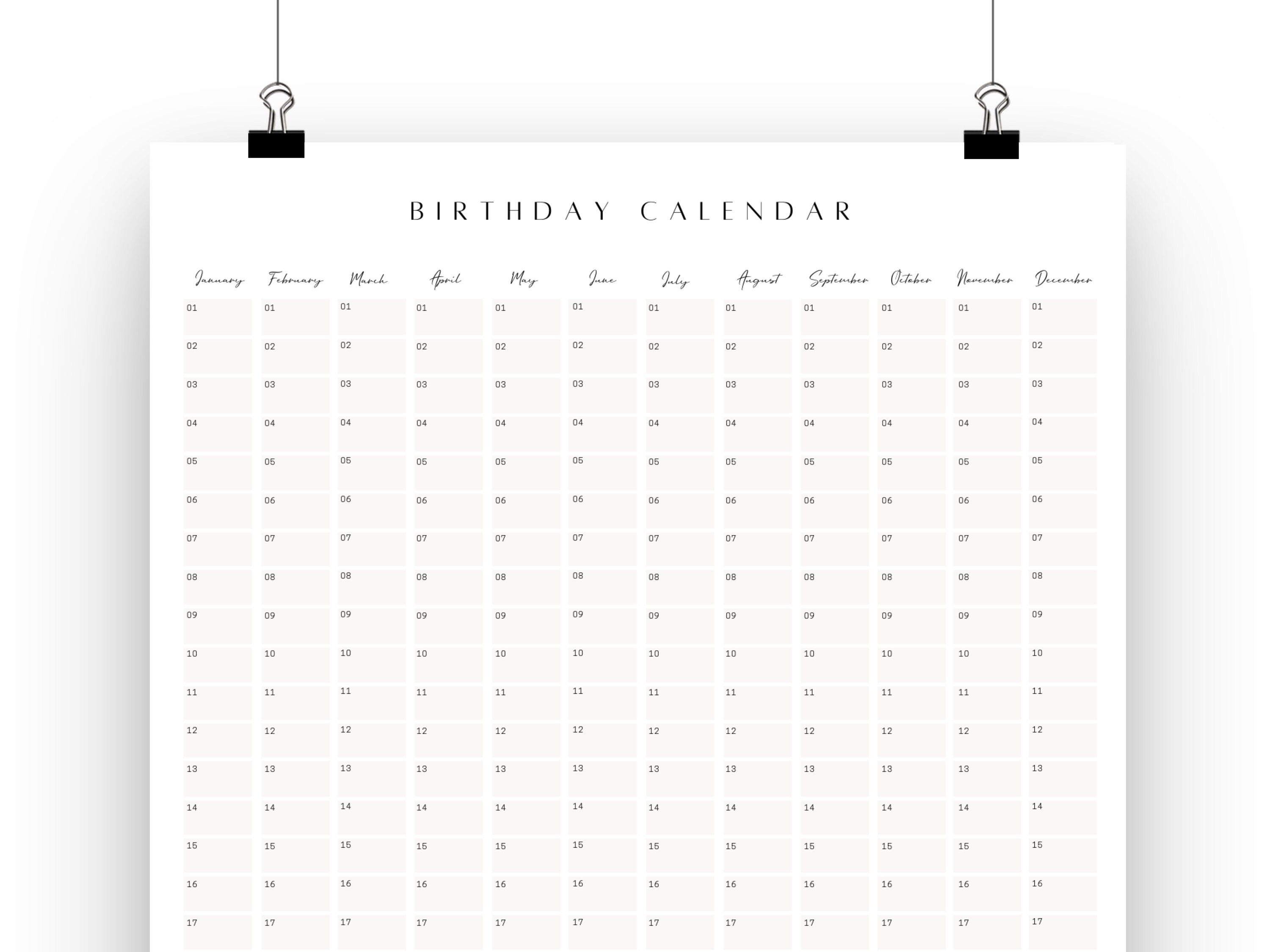 Birthday Calendar Birthday Tracker Printable Birthday List - Etsy