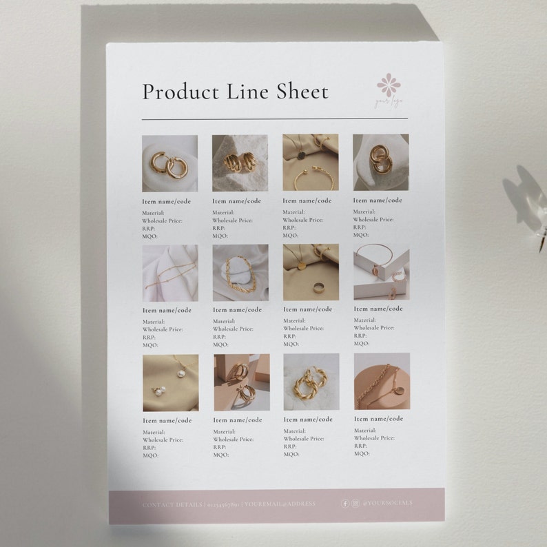 Wholesale Jewellery Line Sheet, Jewellery Catalogue Template, Editable ...