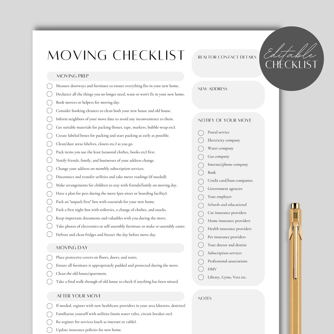 Editable Moving Checklist (Instant Download) - Etsy