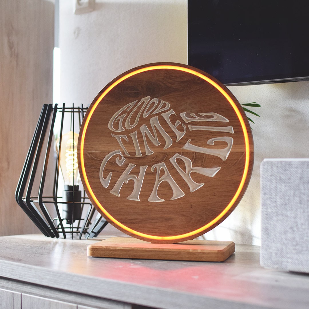 Wooden Advertising Board Illuminated With LED Neon Light Ring With ...