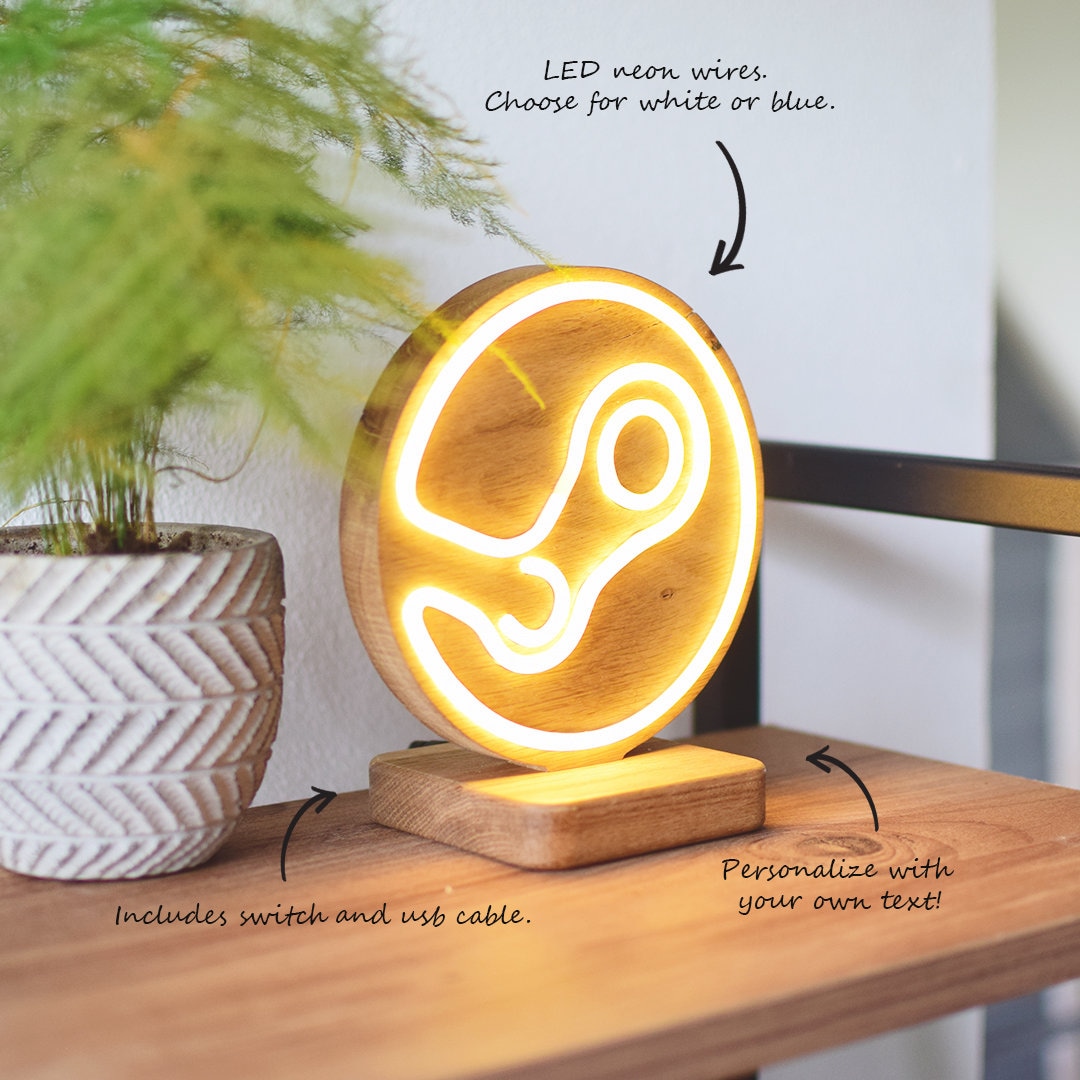 Wooden Steam Logo LED Neon Sign - RGB Light Gaming Decor, Geek Desk ...