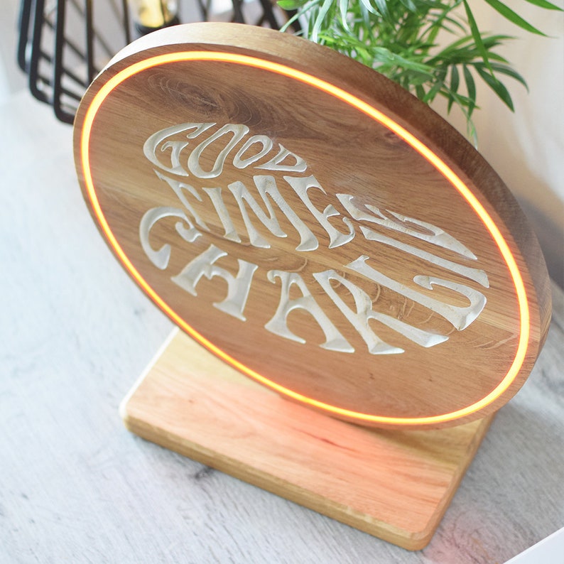 Wooden Advertising Board Illuminated With LED Neon Light Ring With ...