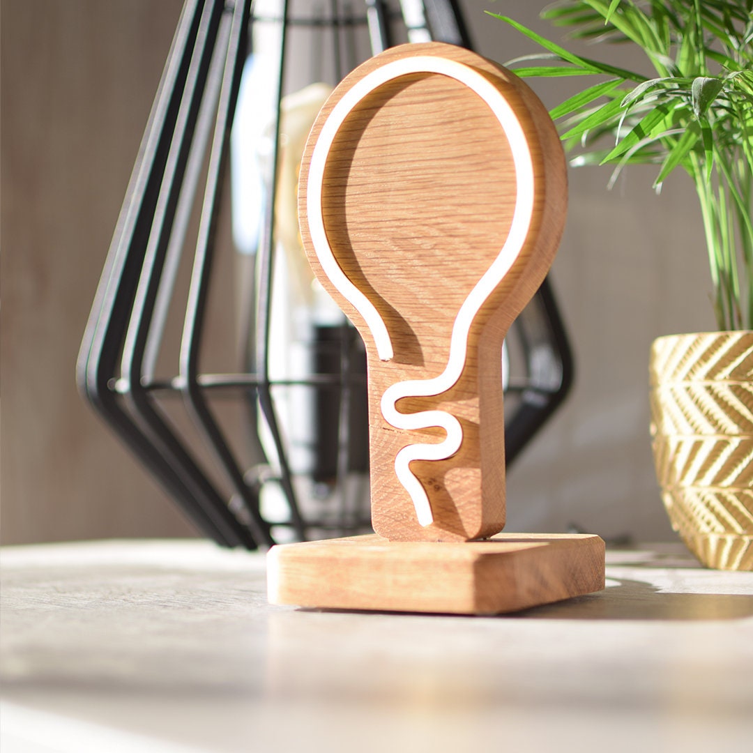 Oak Wooden Decorative Light Bulb Lamp Neon Led Wires Desk Light - Etsy