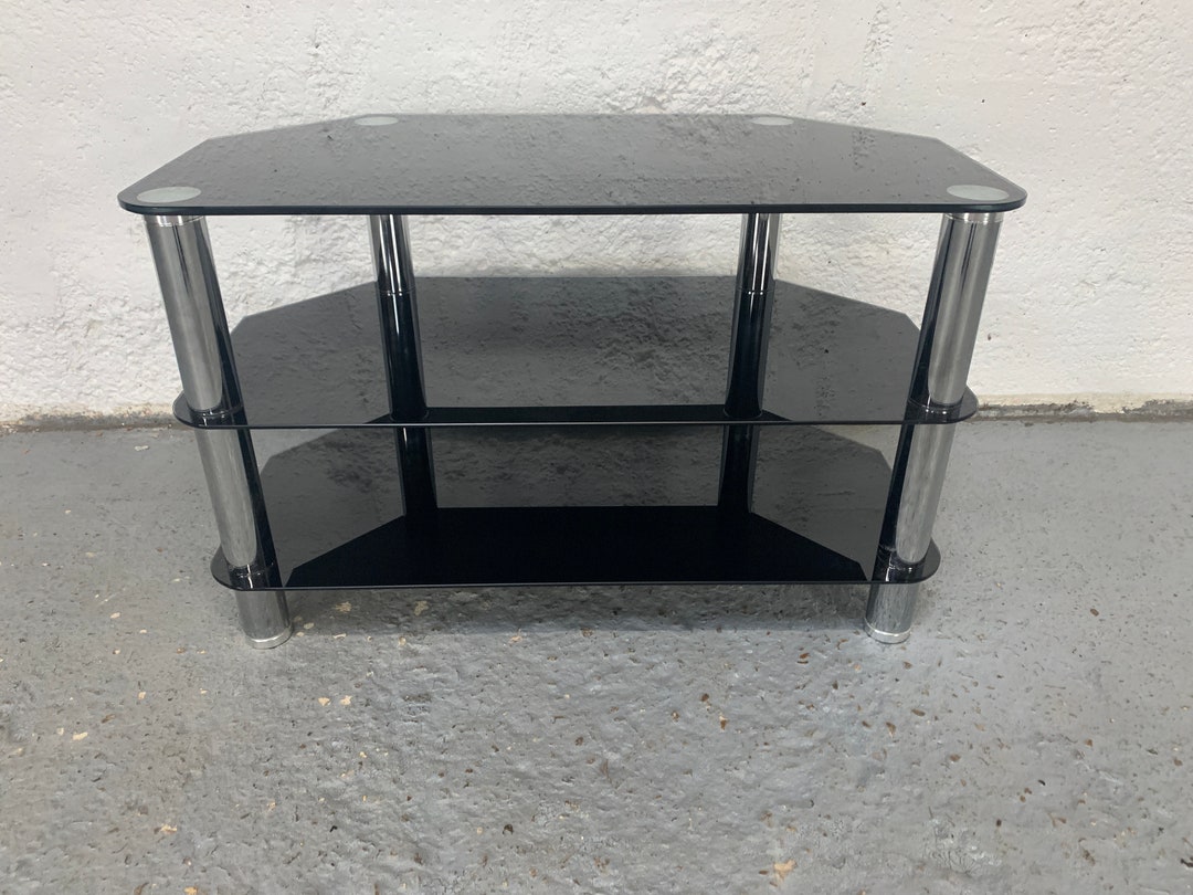 Black Glass and Chrome Tv Stand With 2 Shelves - Etsy