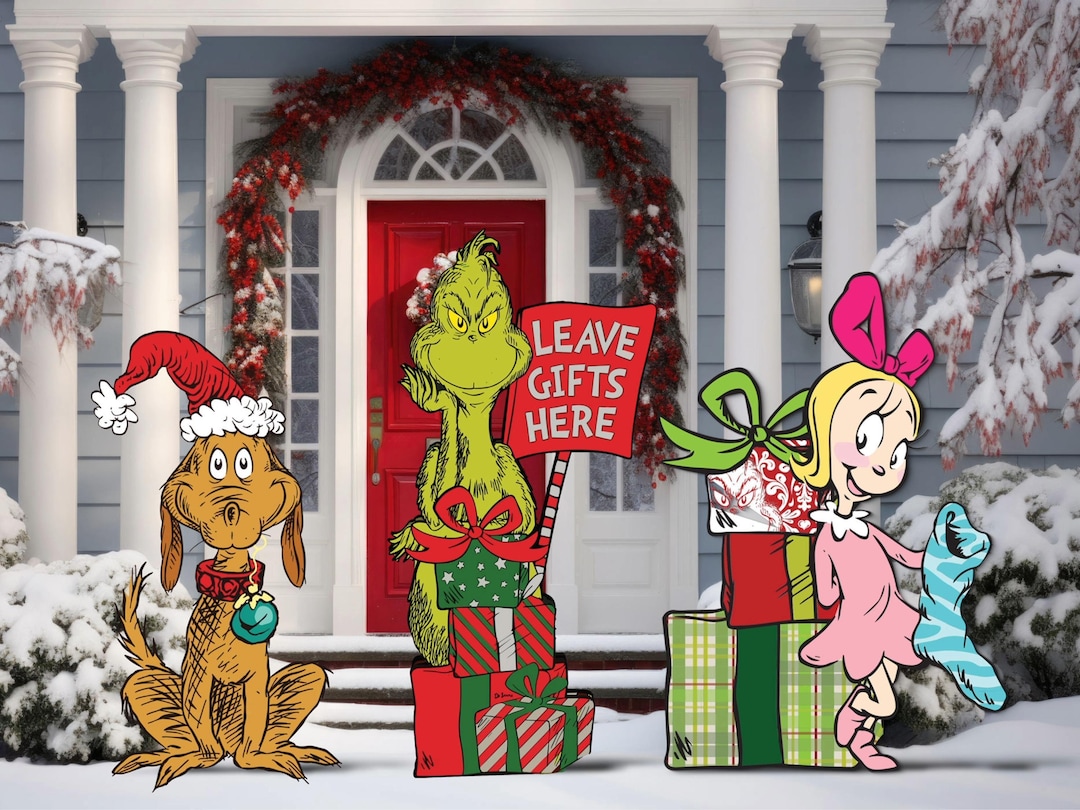 Grinch With Sign Christmas Cutouts | Whoville | Dr Seuss Decorations ...