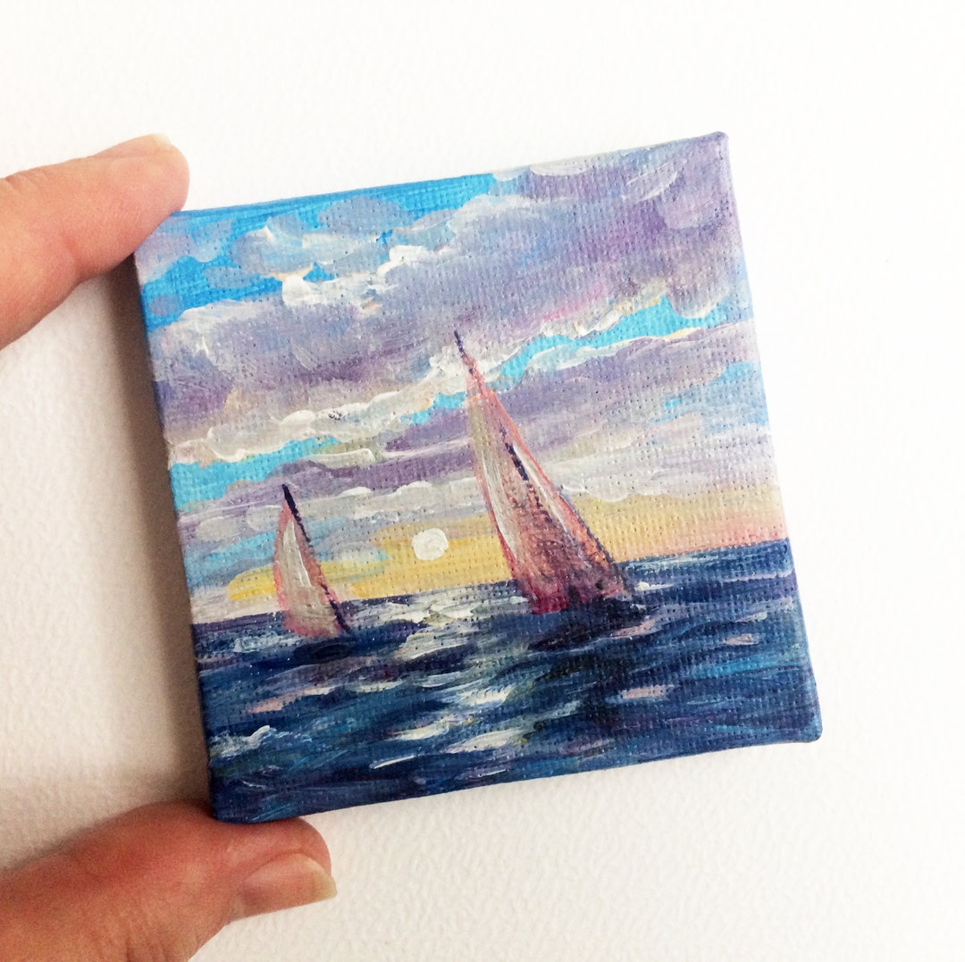 Mini Canvas Painting Marine Landscape With a Sailboat on Canvas With a ...
