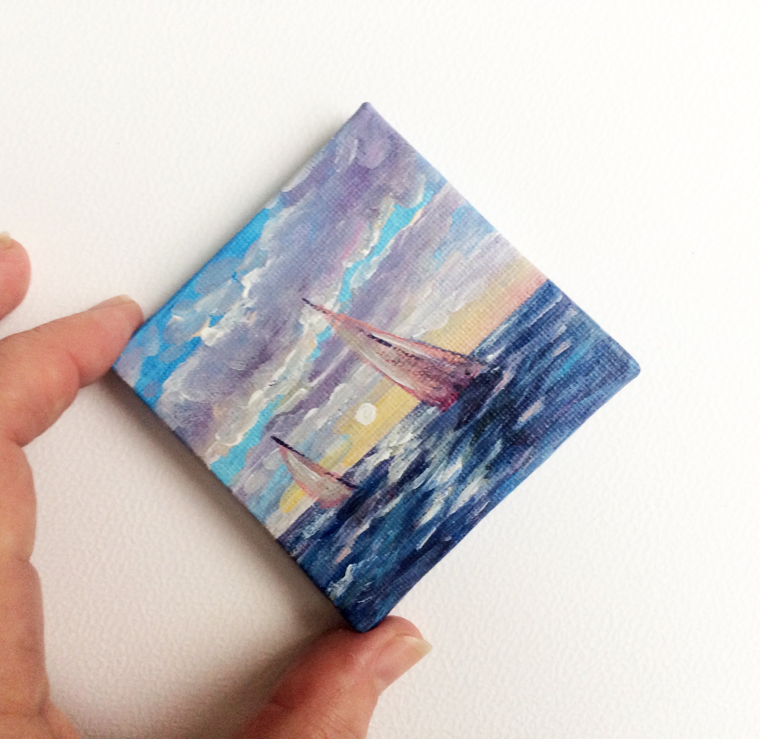 Mini Canvas Painting Marine Landscape With a Sailboat on - Etsy