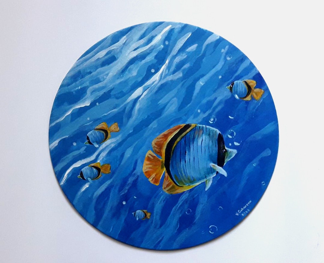 Angel Butterfly Fish Acrylic Painting on a Round Cardboard Canvas - Etsy