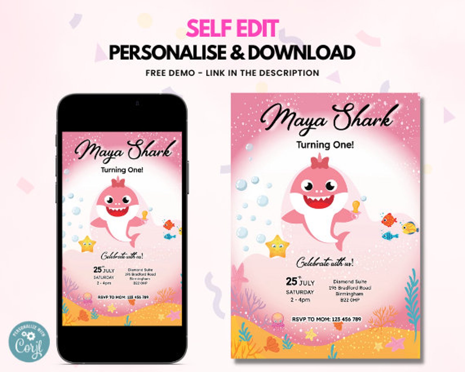 Girl Shark Birthday Invitation | Baby Shark Birthday Invitation | Cute ...