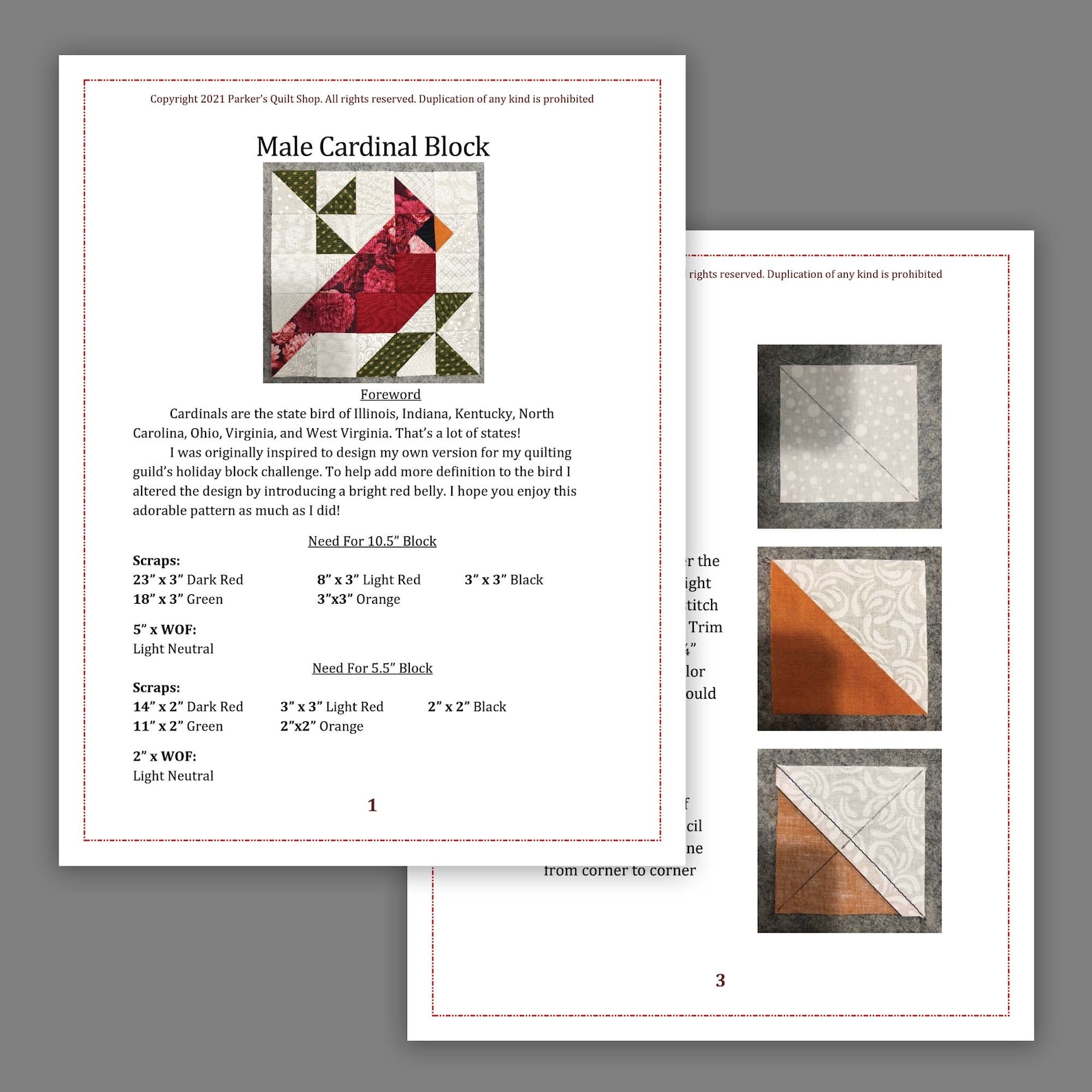 Male Cardinal Song Bird Quilt Block Directions (PDF PATTERN) - Etsy