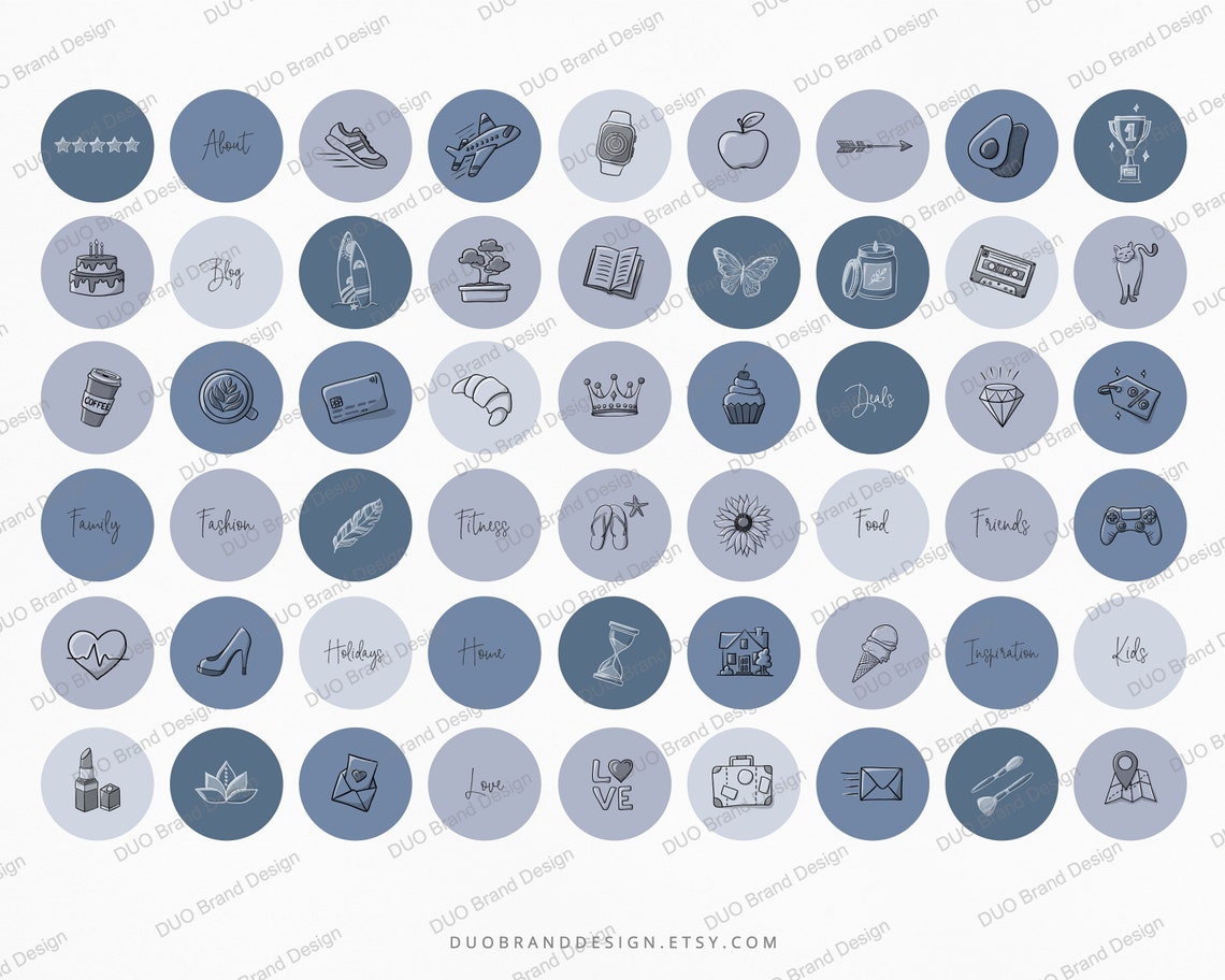 650 Hand-drawn Lifestyle IG Highlight Covers in Blue Tones | Minimalist ...