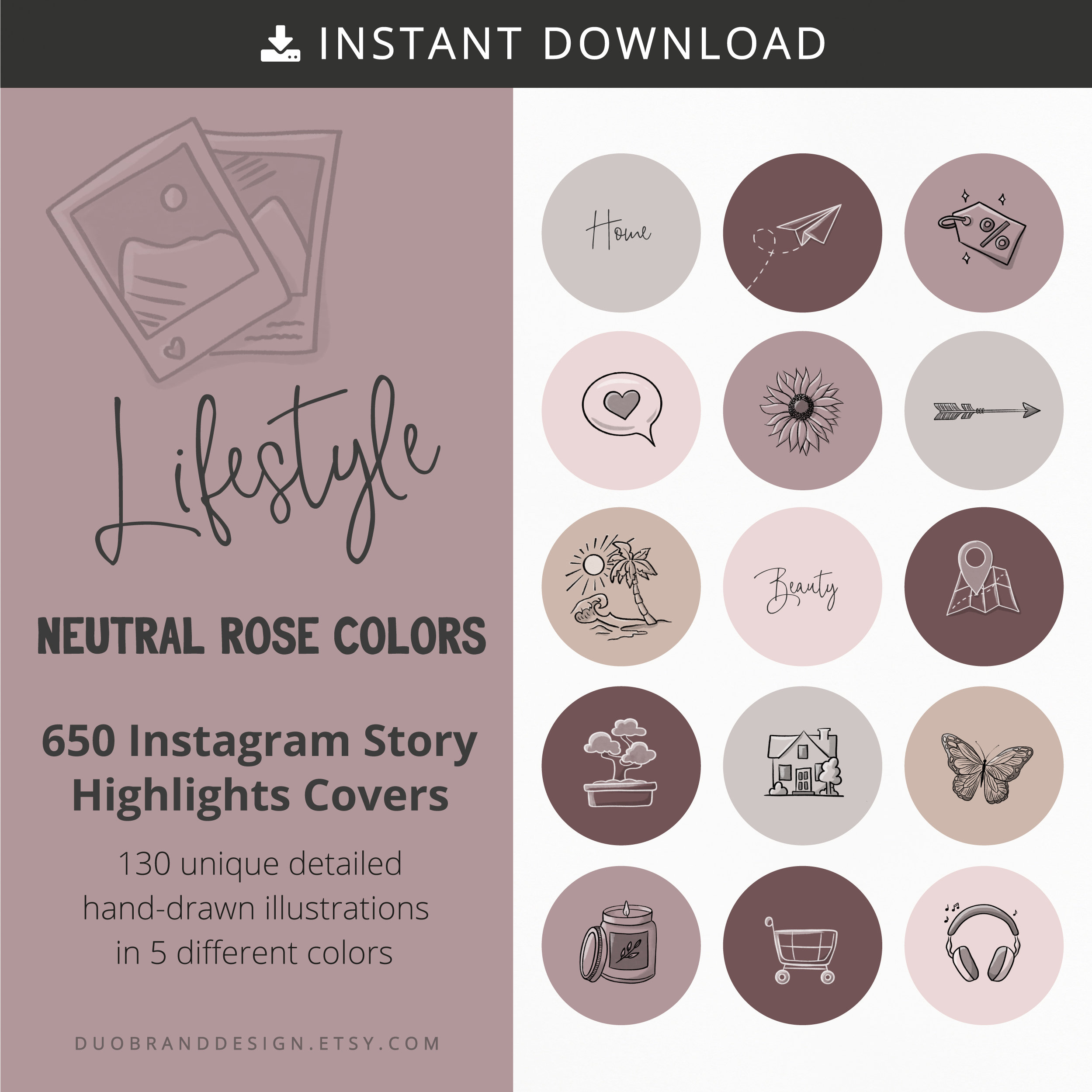 650 Hand-drawn Lifestyle IG Highlight Covers in Neutral Rose Colors ...