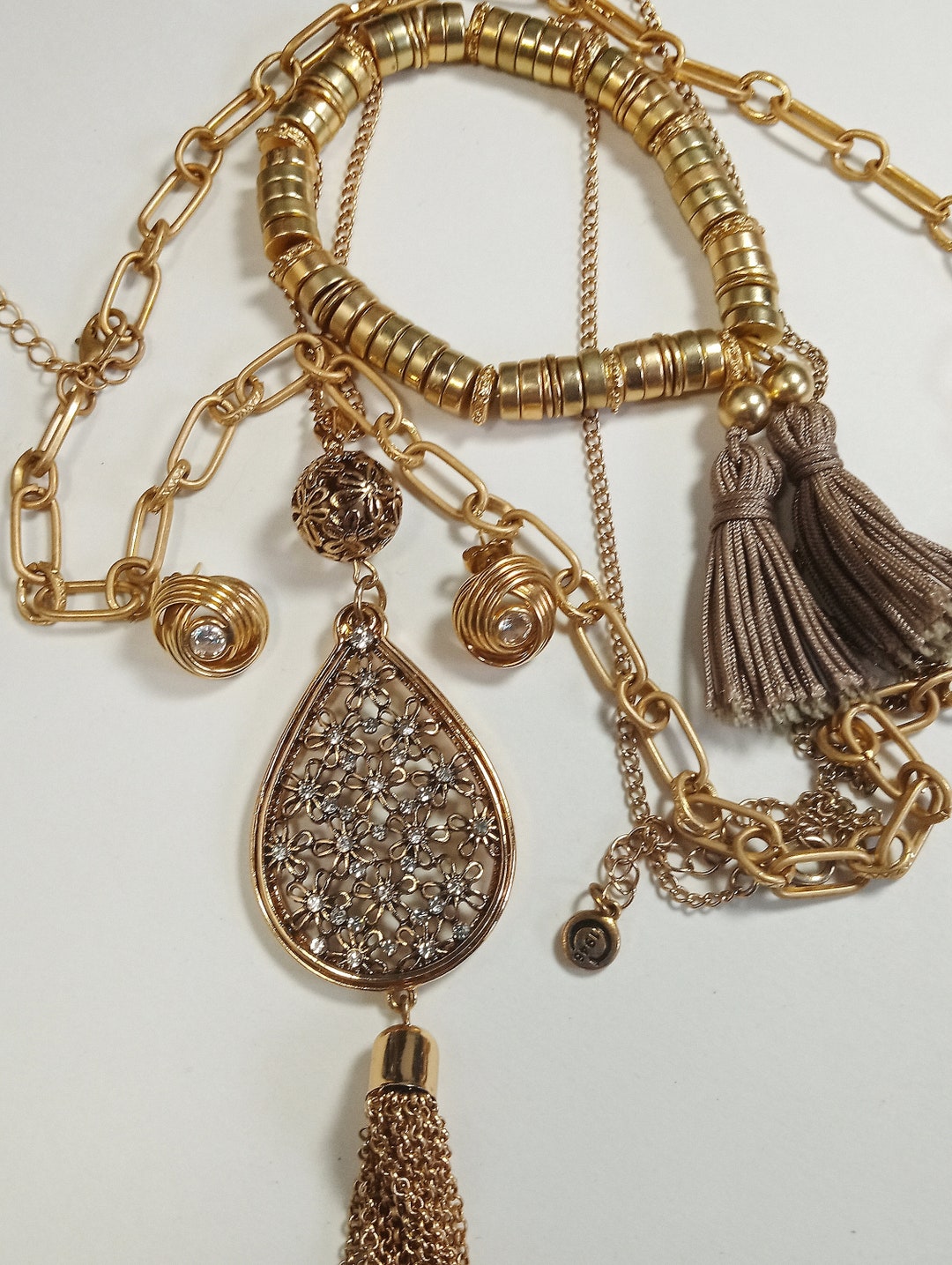 1946 Branded Tassel Pendant Necklace layering Chain, Vintage Love Knot ...