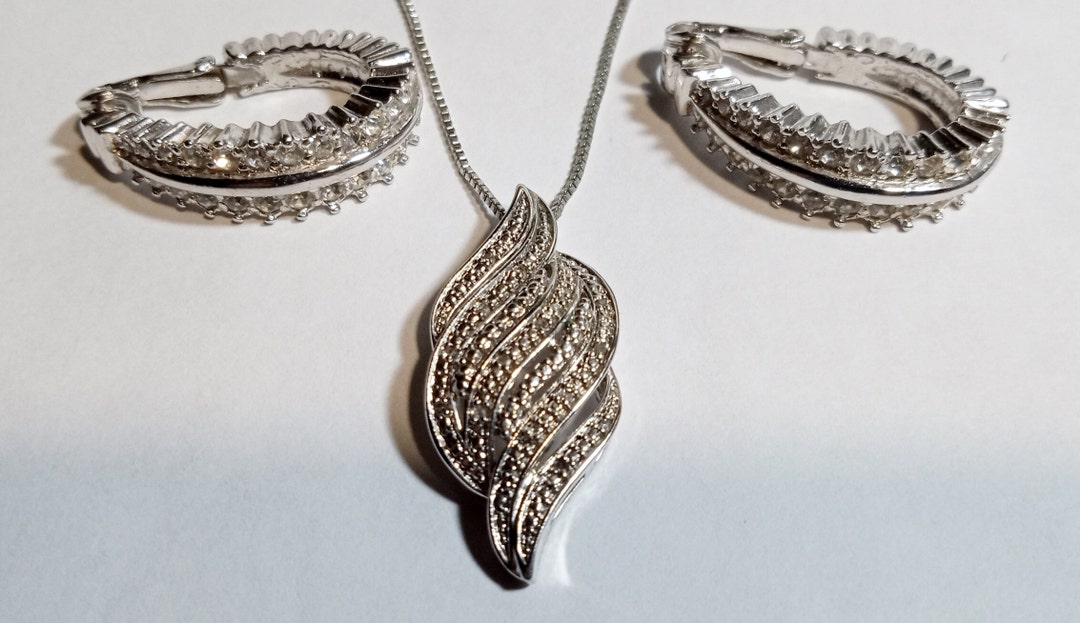 PANETTA Signed Rhinestone Silver Tone Modernist Hoop Earrings Clip on + BR KRN Sparkling Pendant ...