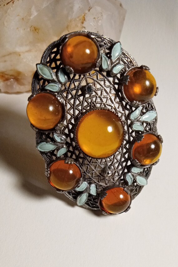 Antique Large Oval Filigree Brooch Pin. Honey Golden … - Gem