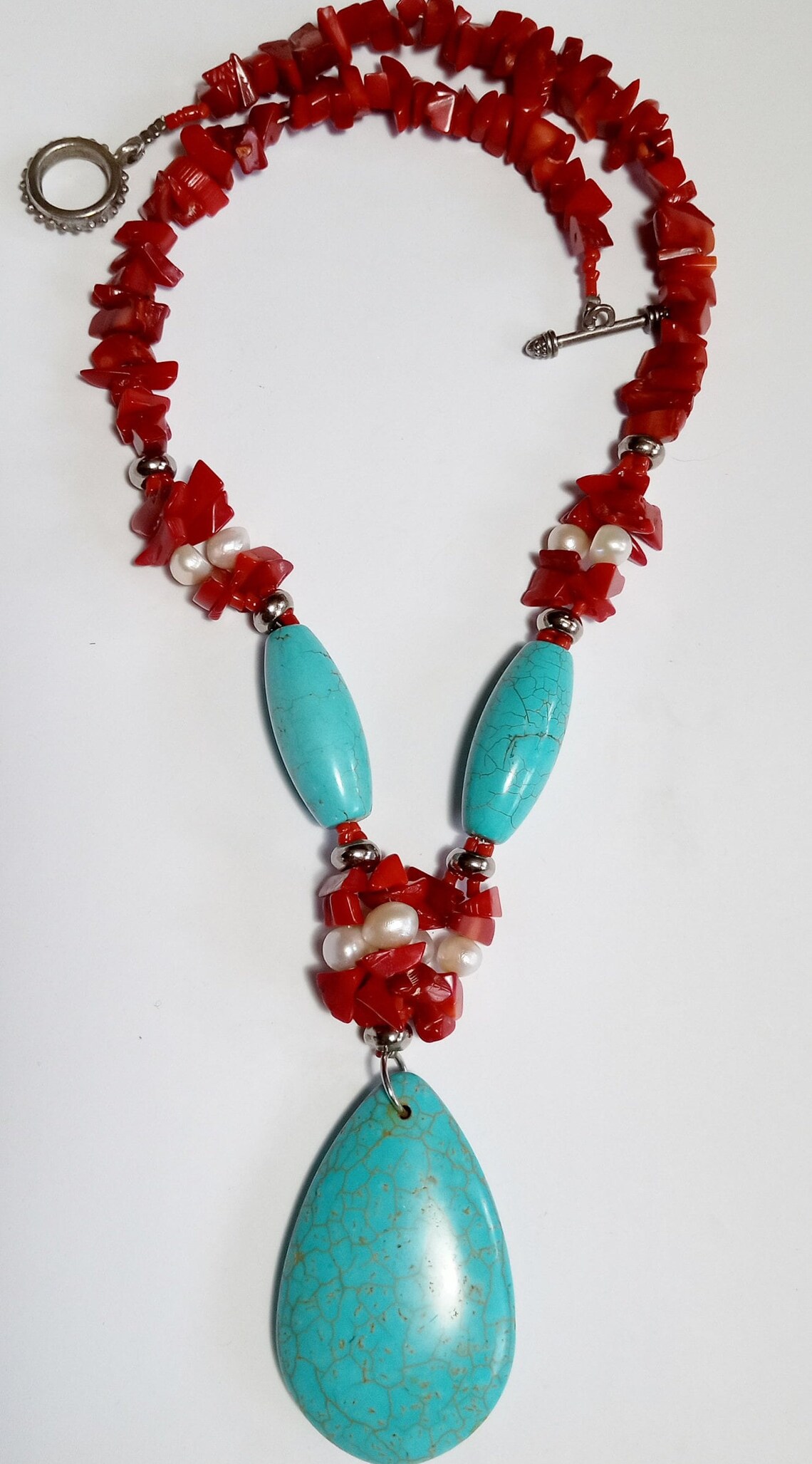 Natural Red Coral Chunks With Real Pearls & Blue Dyed Howlite ...
