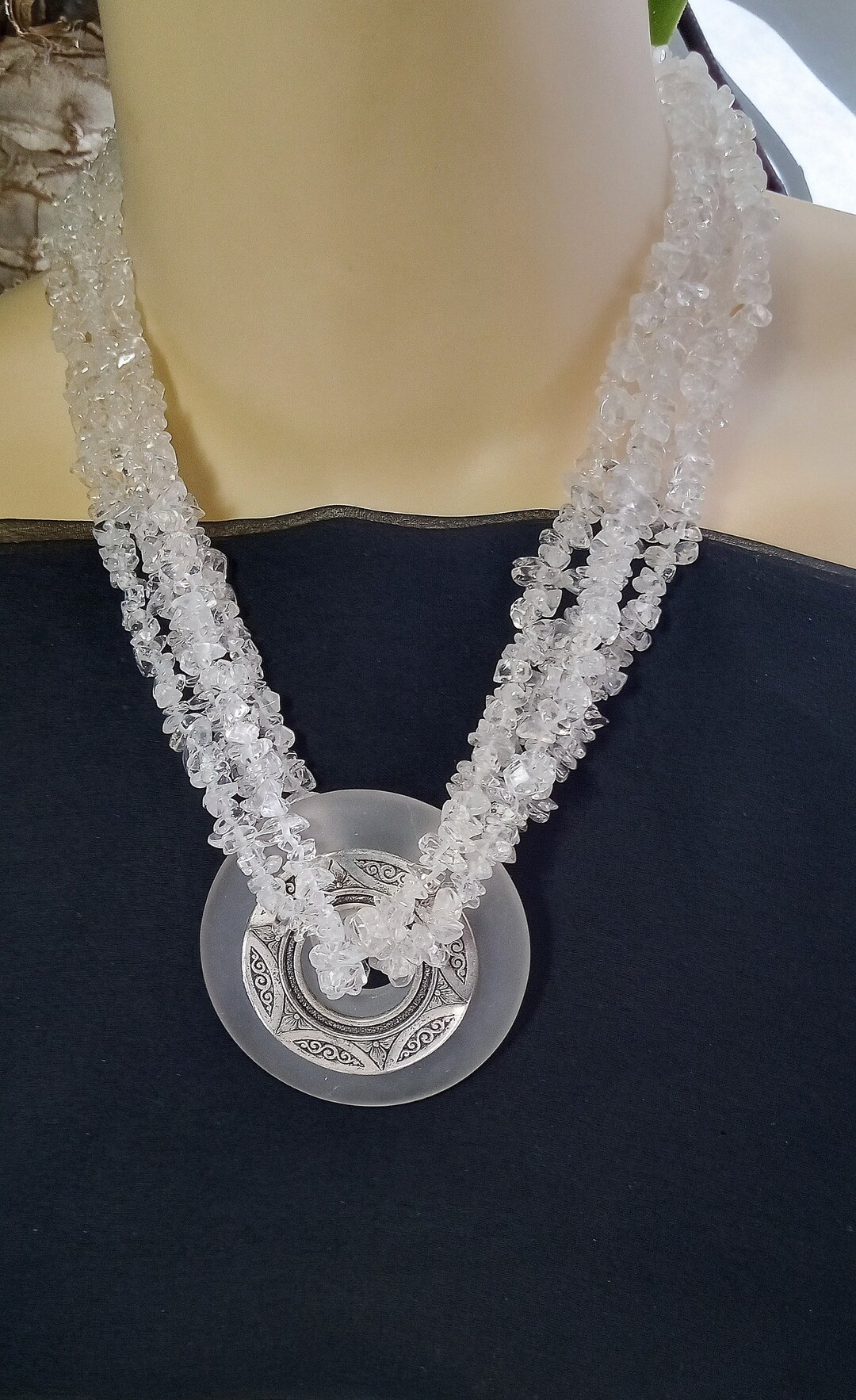Vintage Clear Quartz Chunk Necklace, Frosted Glass Medallion Pendant - Etsy