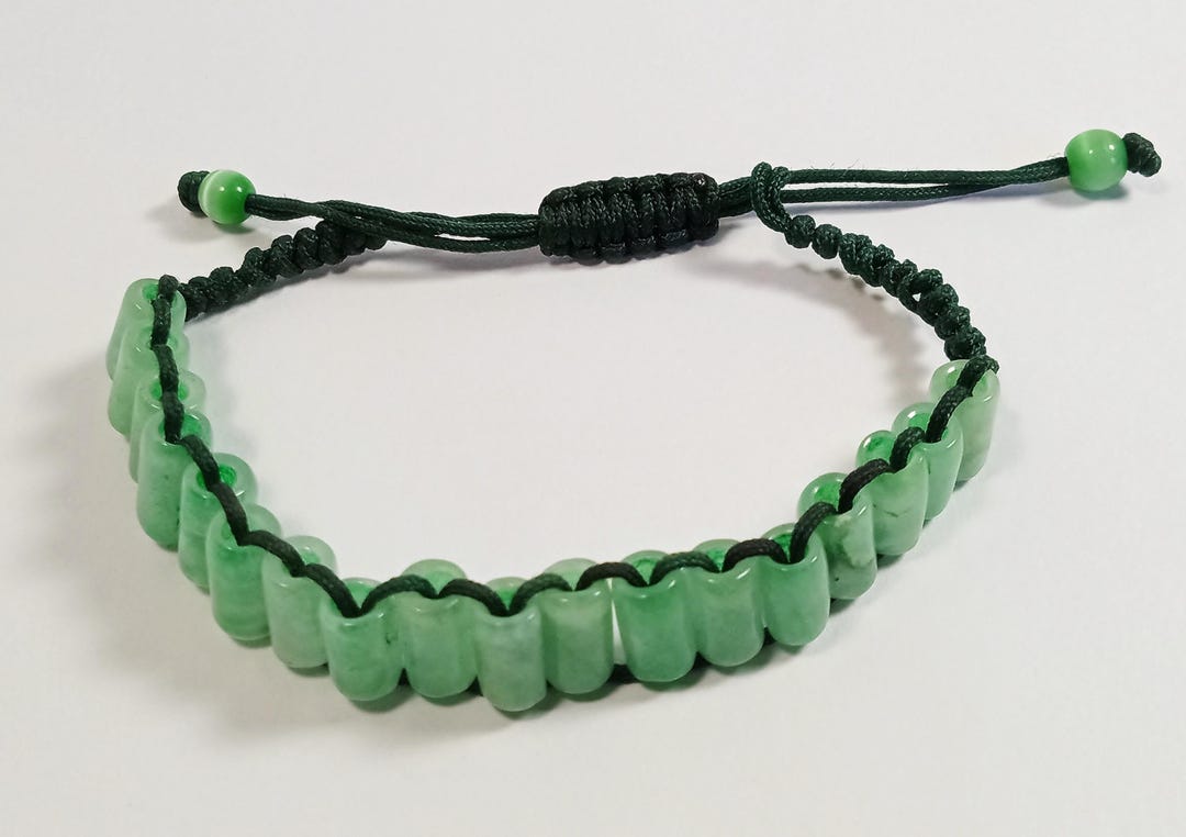 Green Jade Barrel Beads Pull String Bracelet. Adjustable, Size 6-7-8 ...