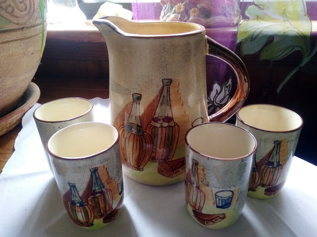 Mid-century Japanese Ceramic Wine Pitcher With 4 Cups, Hand Painted ...