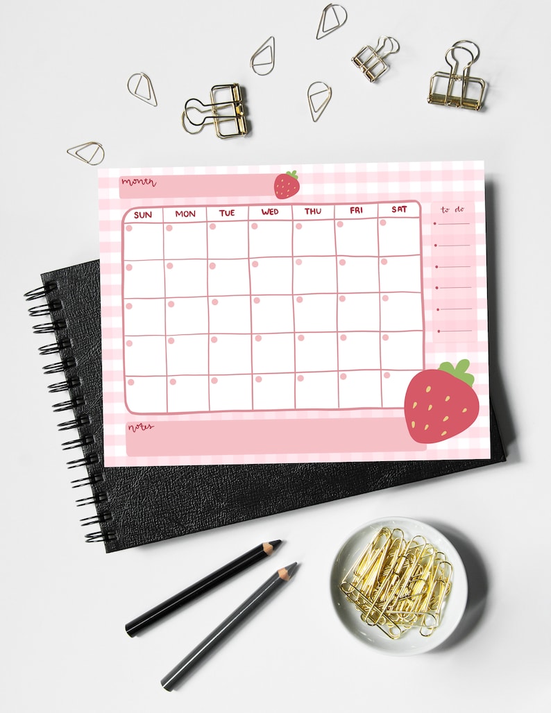 Cute Strawberry Printable Calendar Digital Calendar - Etsy