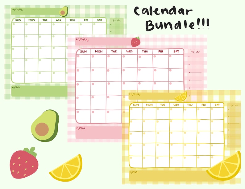 Cute Fruit Printable Calendar Bundle | Digital Calendars | Instant ...