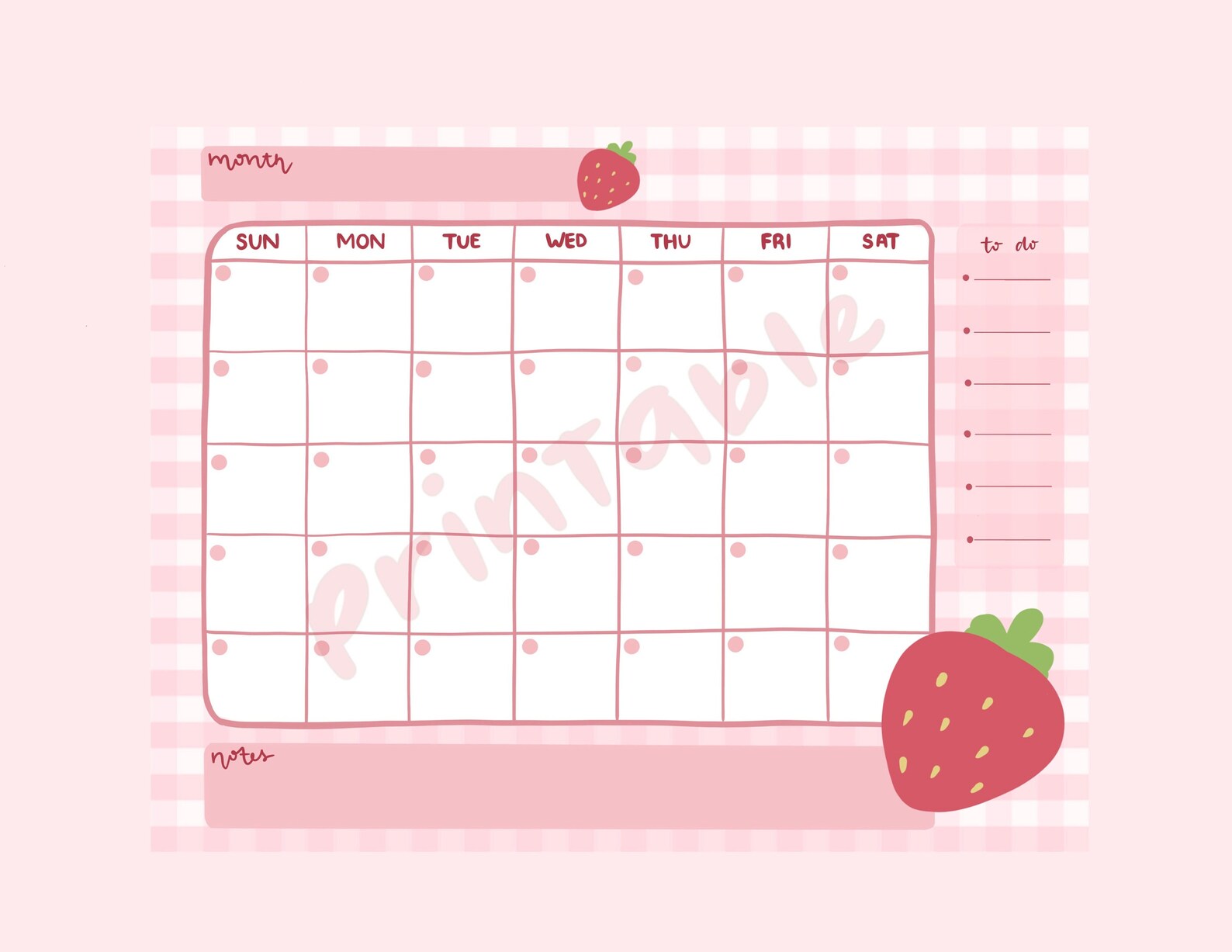 Cute Strawberry Printable Calendar | Digital Calendar | Instant ...