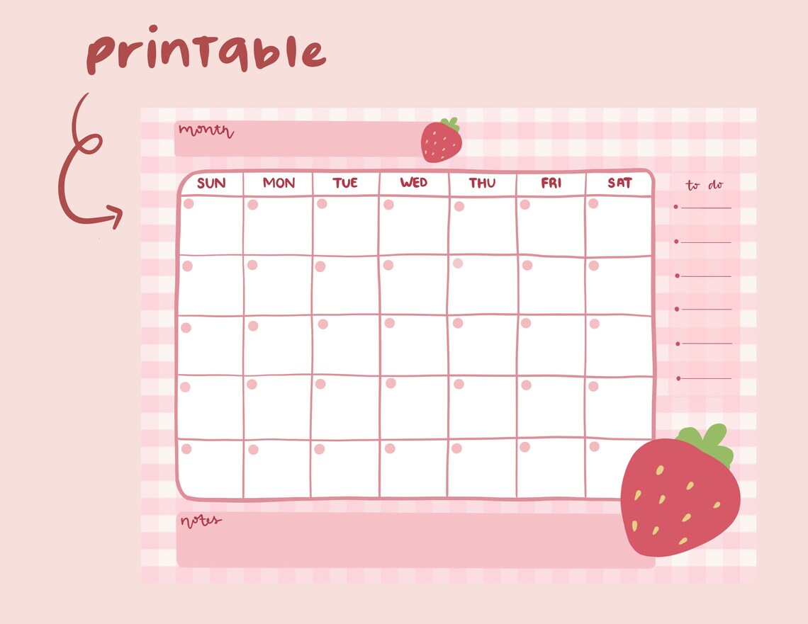 Cute Strawberry Printable Calendar Digital Calendar - Etsy