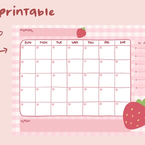 Cute Strawberry Printable Calendar Digital Calendar - Etsy