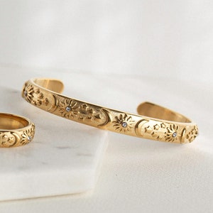 Sun Moon Stars Cuff Bracelet, Celestial Bracelet, Vintage Inspired Open ...