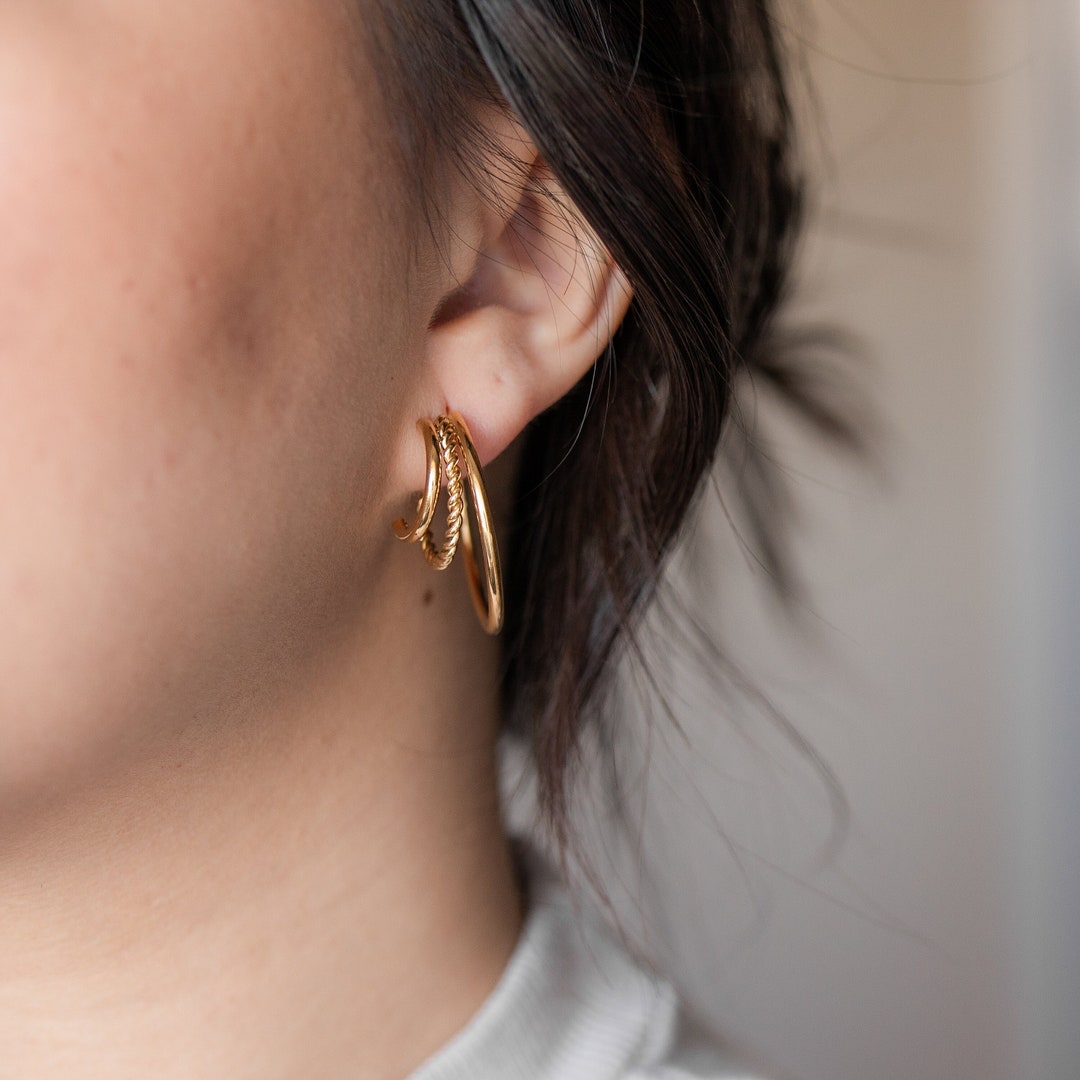 Triple Hoop Earrings, Multi Hoops Gold Earrings, Textured Gold Hoops ...
