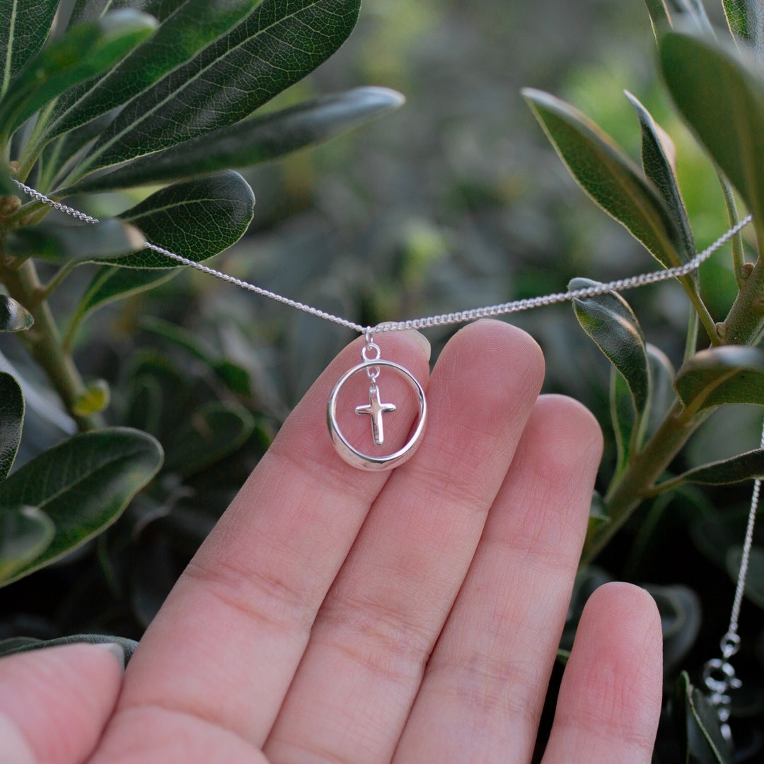 Dainty Cross Necklace, Circled Cross Pendant, Tiny Cross Necklace ...